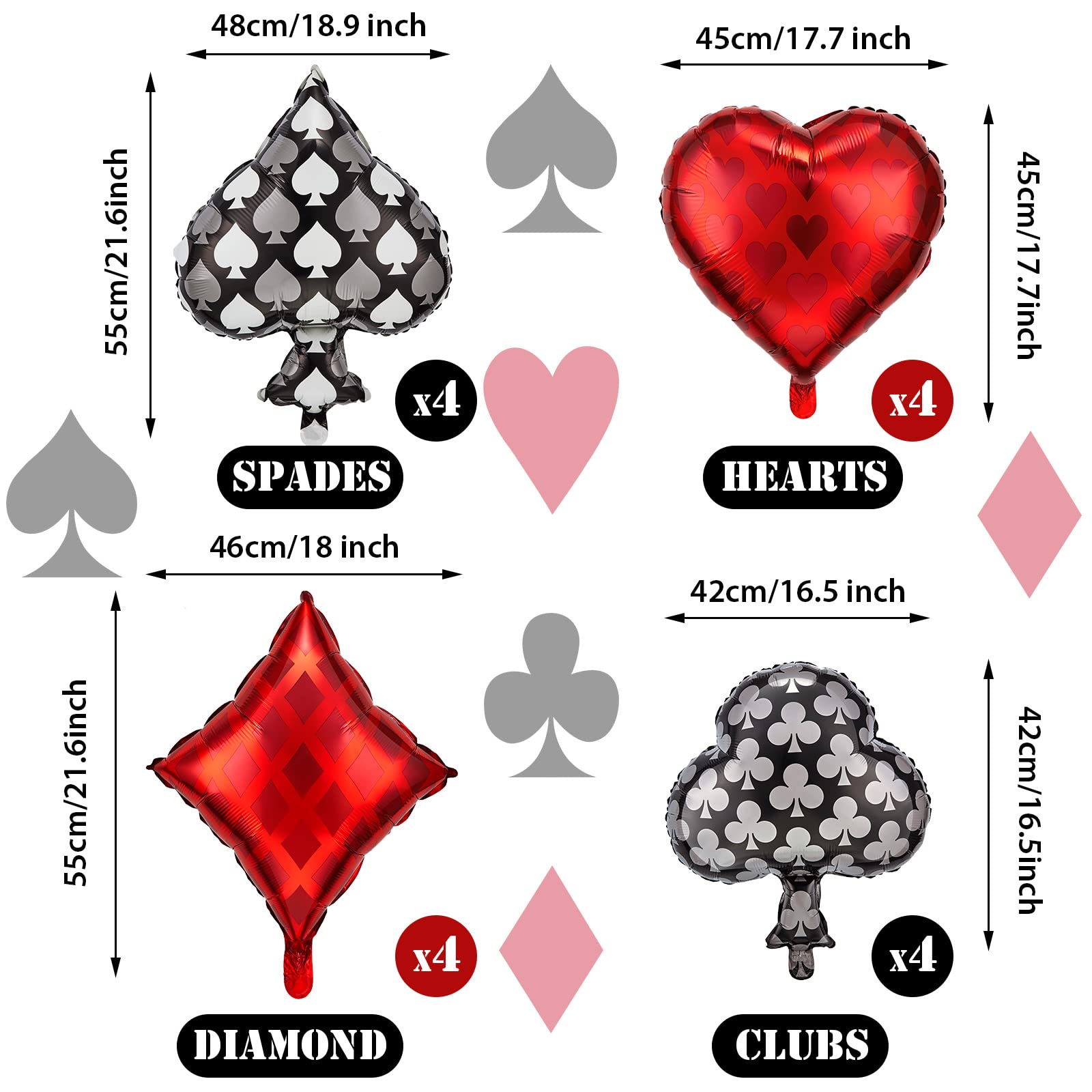 Lewtemi 16 Pcs Casino Balloon Party Decoration Casino Theme Party Playing Cards Balloons Spades Heart Shaped Casino Foil Balloons for Las Vegas Party, Poker Events, Casino Night Birthday