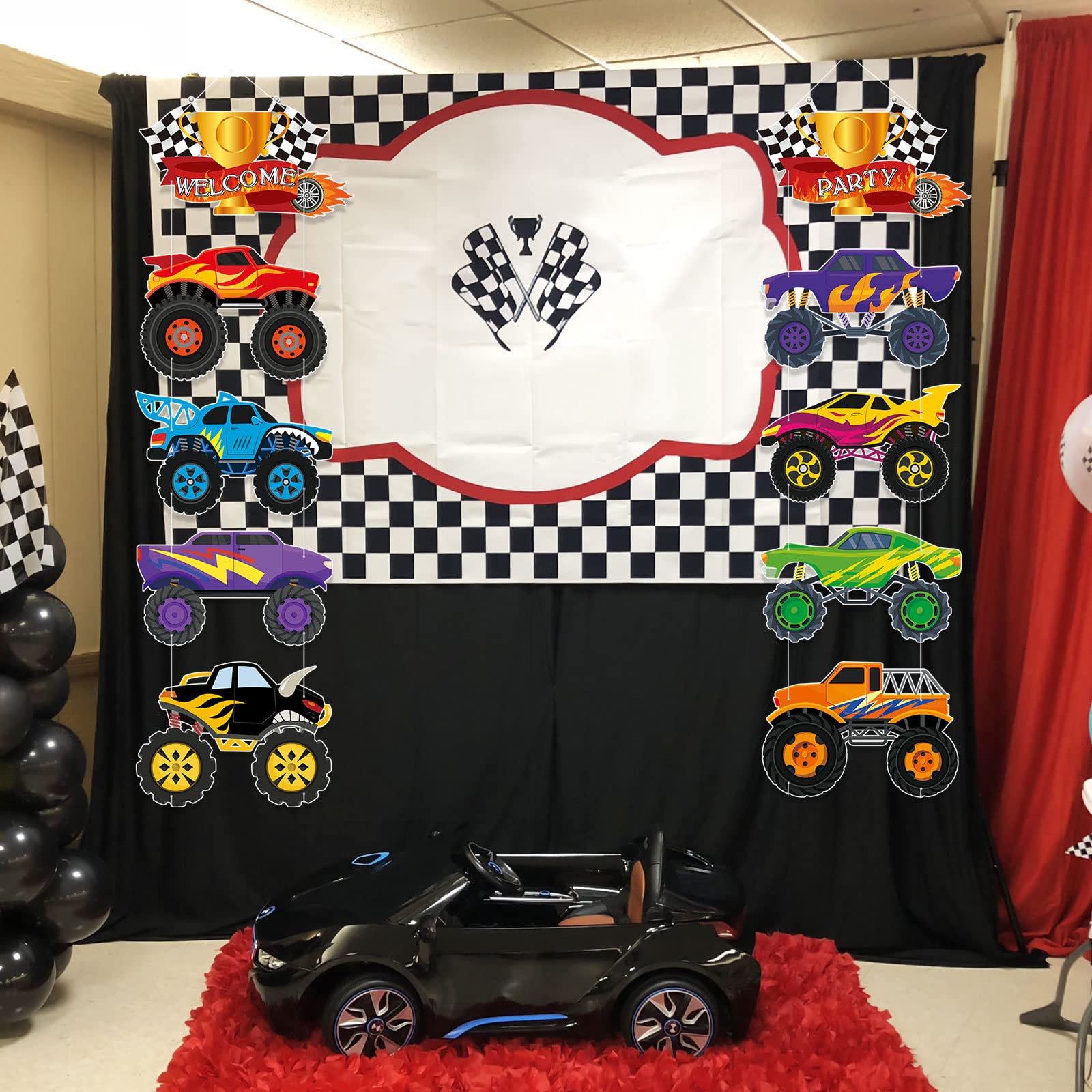 Truck Themed Party Decorations Car Cardboard Cutout Checkered Flag Birthday Party Banner Welcome Porch Sign Door Hanger Car Party Supplies Hanging Banner Welcome Sign Ornament