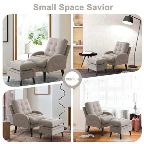 SENYUN Accent Chair with Ottoman, Comfy Living Room Chair and Storage Ottoman Set, Adjustable Extra-Thick Padded Backrest & Side Pocket, Lazy Sofa Chair for Bedroom