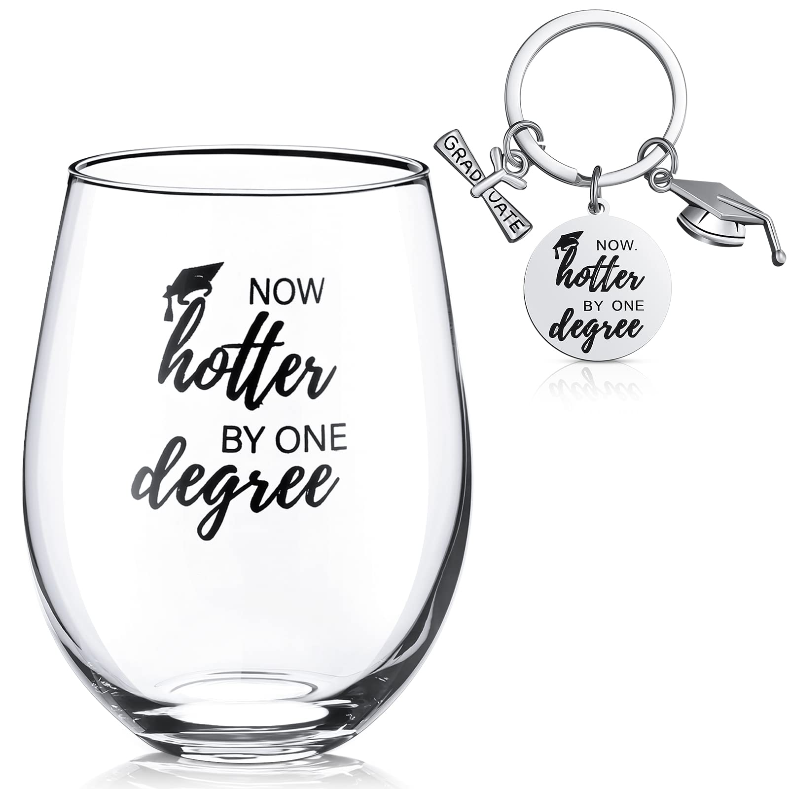 2024 Graduation Wine Glass Gift Set, Including Now Hotter by One Degree 15 oz Stemless Wine Glass and Funny Graduation Keychain Congratulation Gift for Him College High School Graduates Masters Her