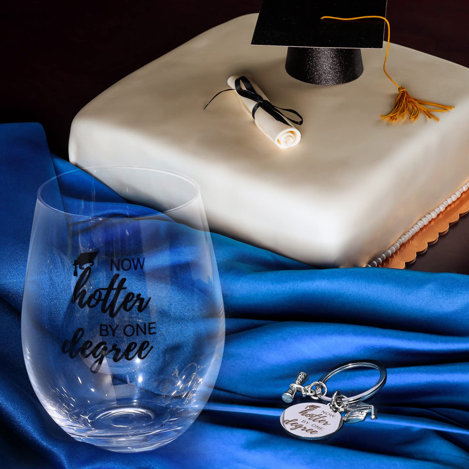 2024 Graduation Wine Glass Gift Set, Including Now Hotter by One Degree 15 oz Stemless Wine Glass and Funny Graduation Keychain Congratulation Gift for Him College High School Graduates Masters Her