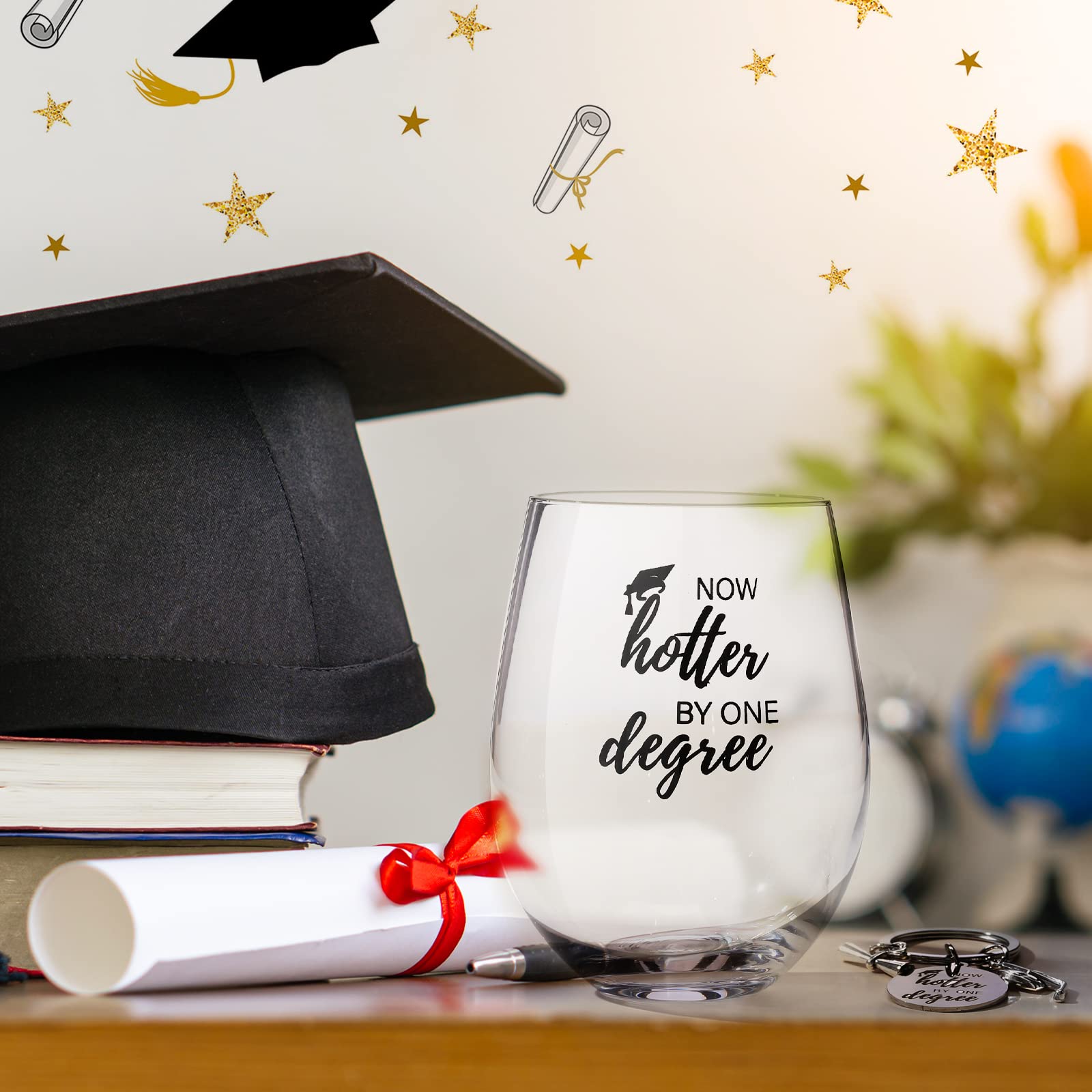 2024 Graduation Wine Glass Gift Set, Including Now Hotter by One Degree 15 oz Stemless Wine Glass and Funny Graduation Keychain Congratulation Gift for Him College High School Graduates Masters Her