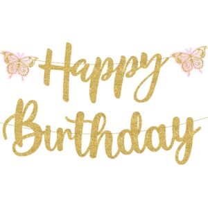 katchon, glitter gold happy birthday banner - pre-strung, no diy | butterfly birthday banner | gold happy birthday sign for girls, gold happy birthday decorations for women, birthday party decorations