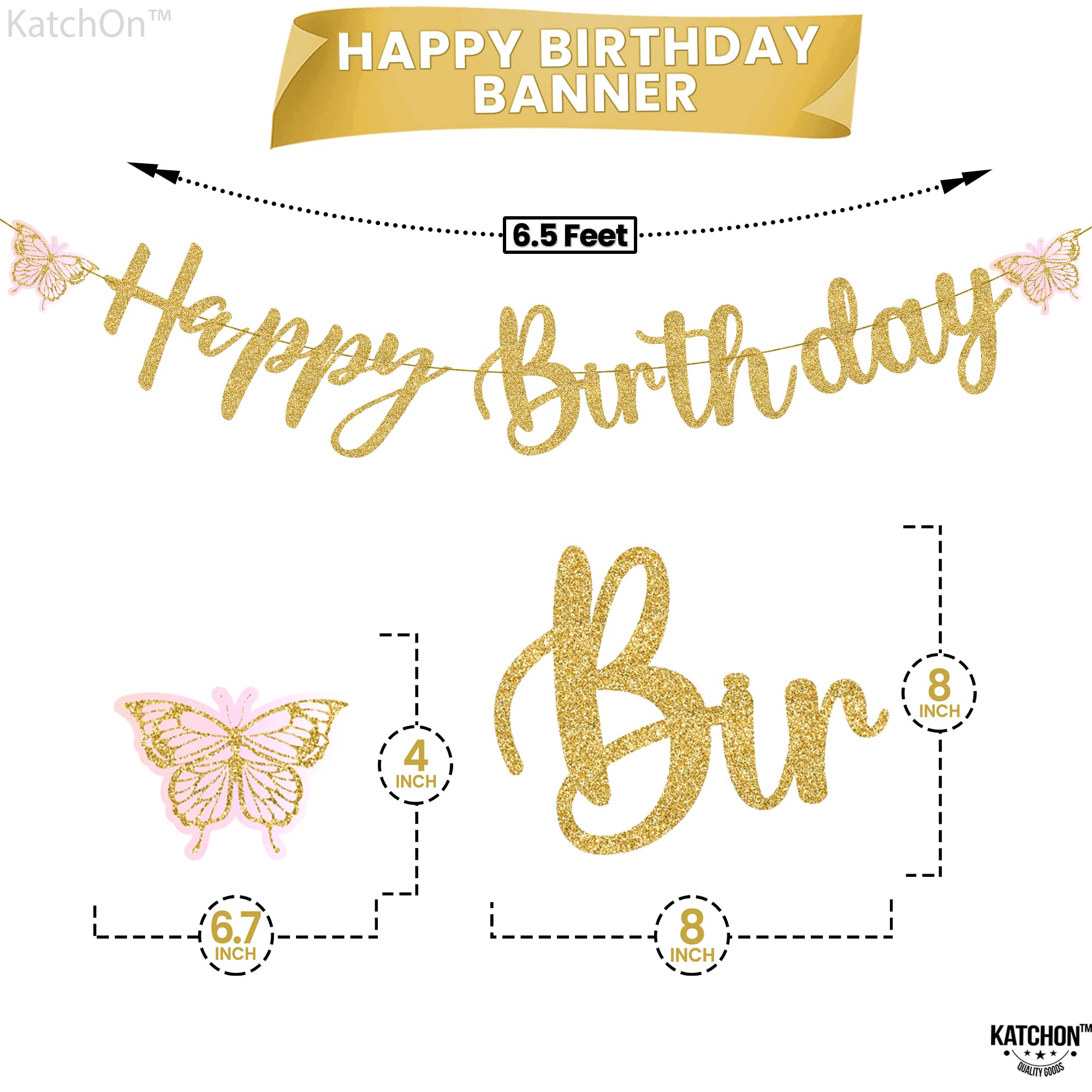 KatchOn, Glitter Gold Happy Birthday Banner - Pre-Strung, No DIY | Butterfly Birthday Banner | Gold Happy Birthday Sign for Girls, Gold Happy Birthday Decorations for Women, Birthday Party Decorations