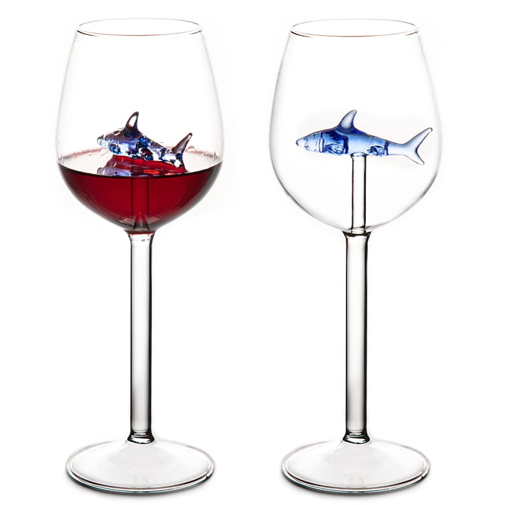 Wine Glasses with Shark Inside, 2 PCS Blue Unique Wine Glasses for Shark Lover Wedding Gifts