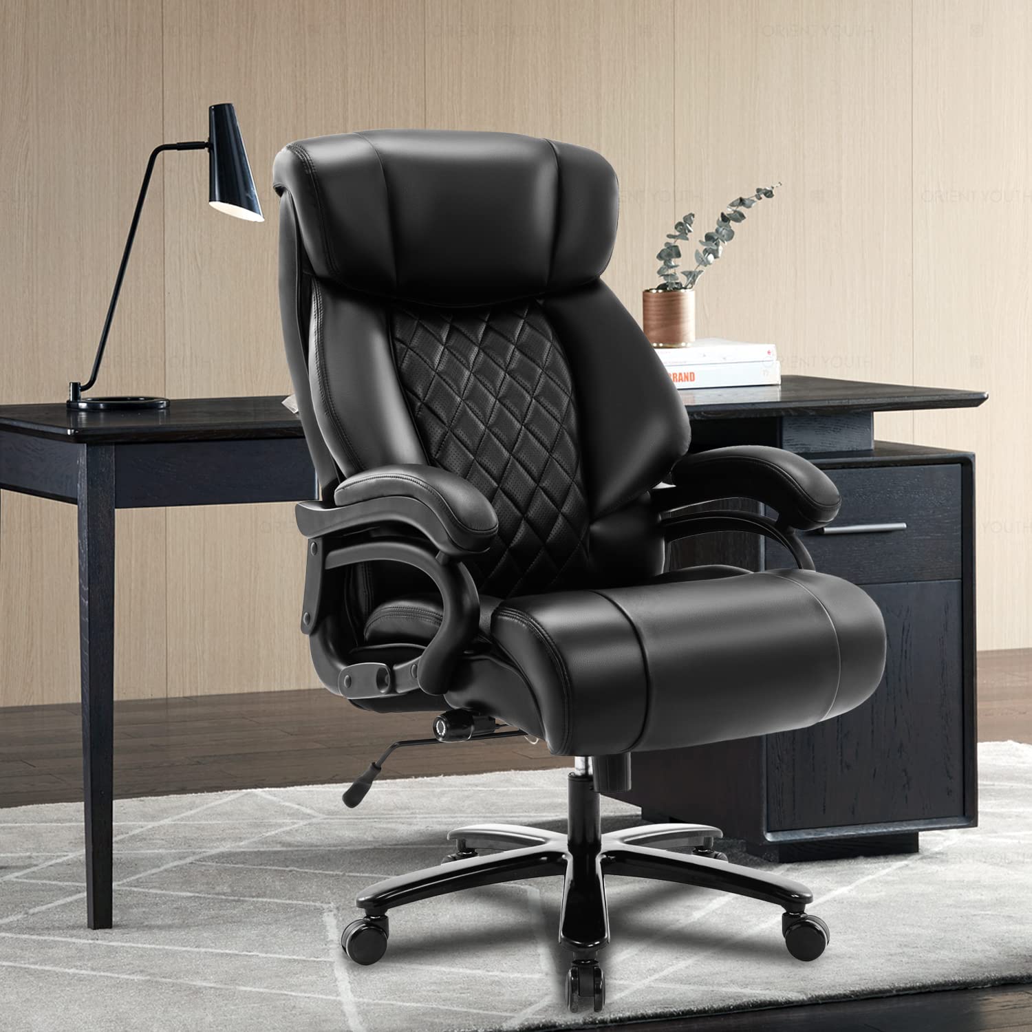 TERAO Big & Tall 400lb Office Chair - Adjustable Lumbar Support, Heavy Duty Metal Base and Tilt Angle Large High Back Bonded Leather Ergonomic Executive Desk Computer Swivel Chair, Black