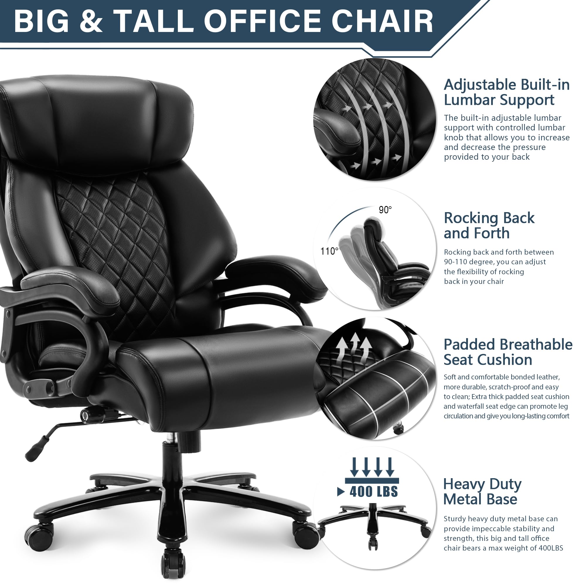 TERAO Big & Tall 400lb Office Chair - Adjustable Lumbar Support, Heavy Duty Metal Base and Tilt Angle Large High Back Bonded Leather Ergonomic Executive Desk Computer Swivel Chair, Black