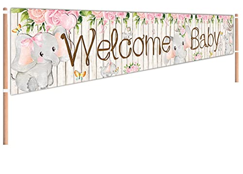 CHXSM 9.8 x 1.6 ft Pink Elephant Welcome Baby Yard Sign Banner Girl Shower Party Supplies Decorations Backdrop Background