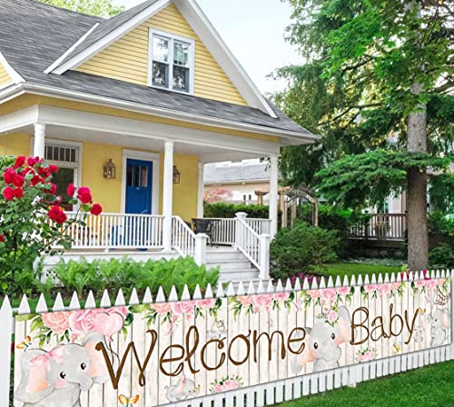 CHXSM 9.8 x 1.6 ft Pink Elephant Welcome Baby Yard Sign Banner Girl Shower Party Supplies Decorations Backdrop Background