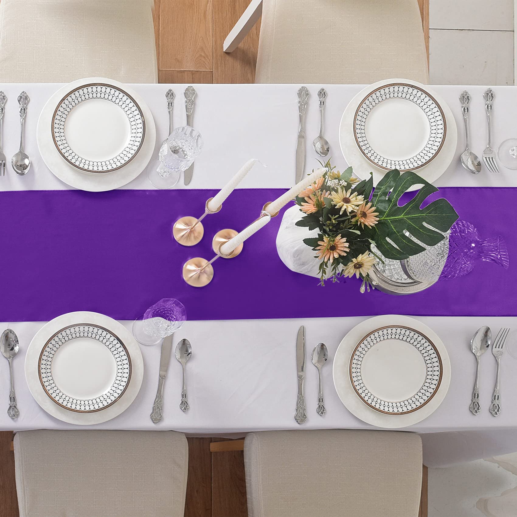 Flohar 12Pack Table Runner 12 x 108 Inches Satin Silk Table Runner for Wedding, Birthday Party, Banquets, Graduations Decoration, fit Rectange and Round Table-Purple