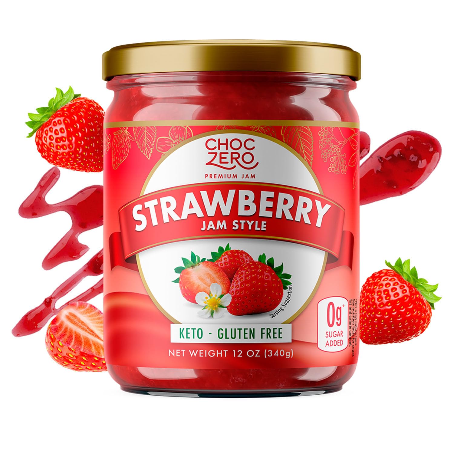 Keto Strawberry Jam, No Sugar Added - Monk Fruit Sweetened, Gluten Free Spread from ChocZero, 12 oz