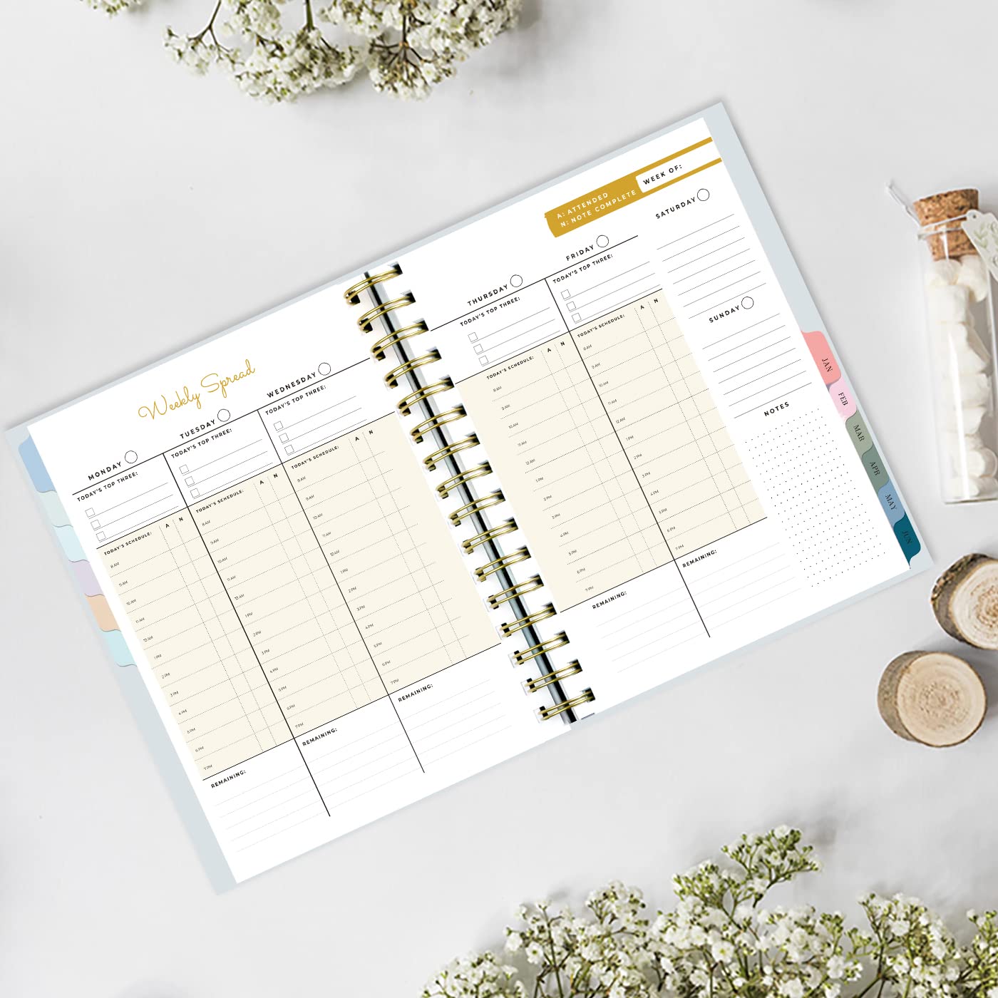 Undated Monthly Weekly Planner/Calendar, Monthly Planner with Daily Agenda & Hourly Schedules, 2023 July-2024 July Academic Work Planner, 12 Monthly Tabs, 8.4" x 6.3", Twin-Wire Binding (flower)