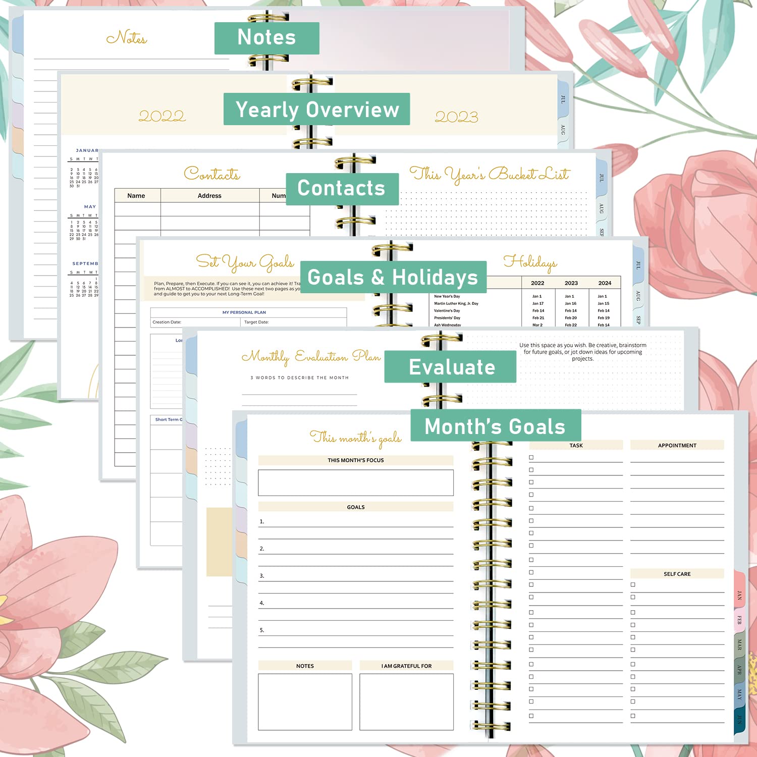 Undated Monthly Weekly Planner/Calendar, Monthly Planner with Daily Agenda & Hourly Schedules, 2023 July-2024 July Academic Work Planner, 12 Monthly Tabs, 8.4" x 6.3", Twin-Wire Binding (flower)