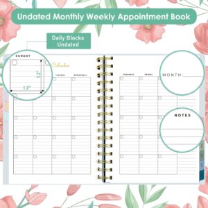 Undated Monthly Weekly Planner/Calendar, Monthly Planner with Daily Agenda & Hourly Schedules, 2023 July-2024 July Academic Work Planner, 12 Monthly Tabs, 8.4" x 6.3", Twin-Wire Binding (flower)