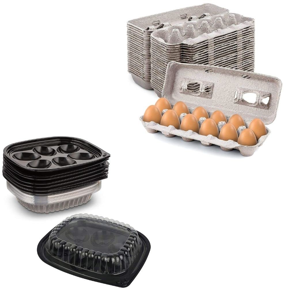 MT Products Blank Natural Pulp Egg Cartons Holds Up Twelve Eggs - 1 Dozen (25 Pieces) and Plastic Deviled Egg Trays With Clear Lid For Six Egg Halves (Set of 12)