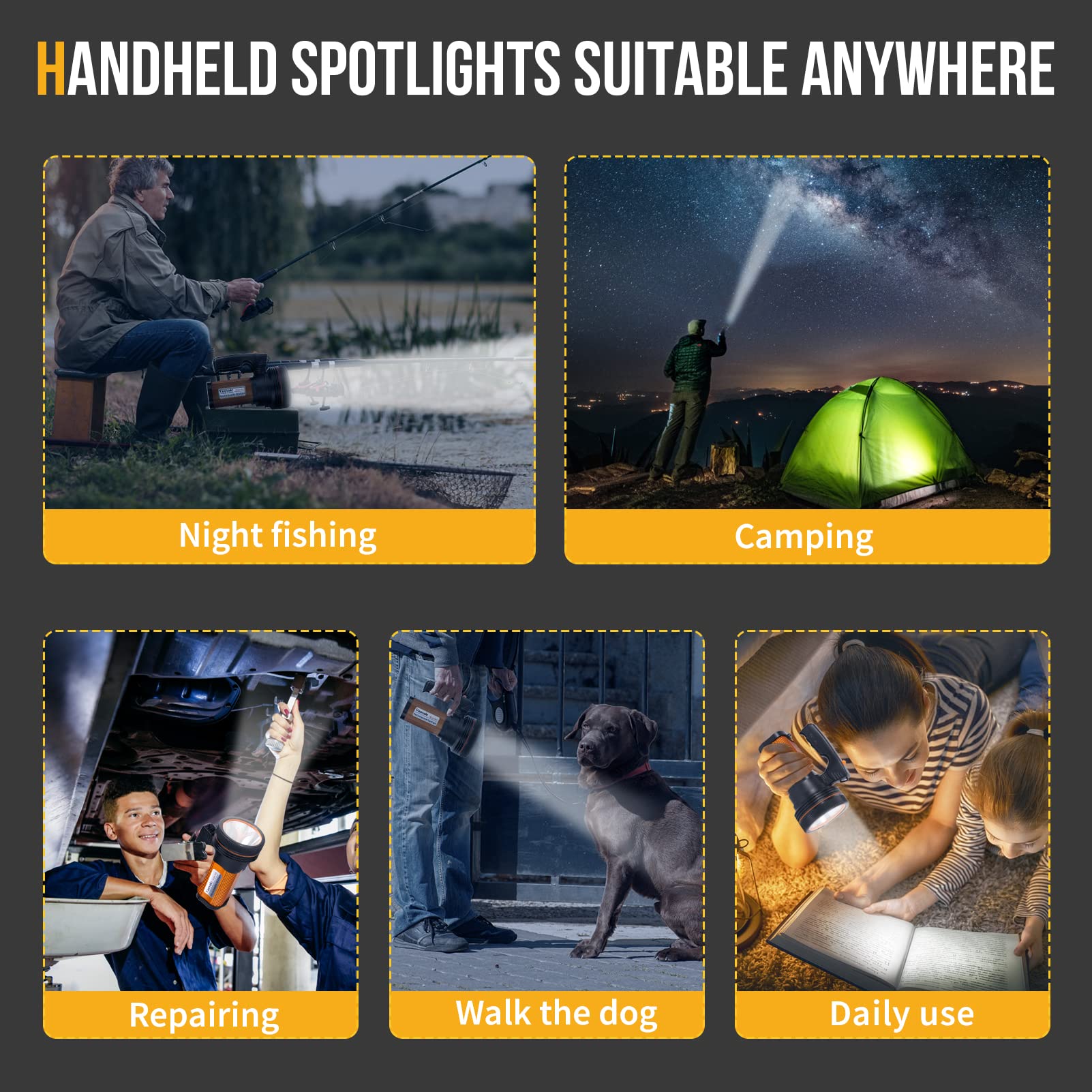 Vanvale Rechargeable Searchlight Handheld LED Tactical Flashlight with Handle Spotlight 6000 Lumens High-Power Super Bright Torch with USB Output Torch (Gold)