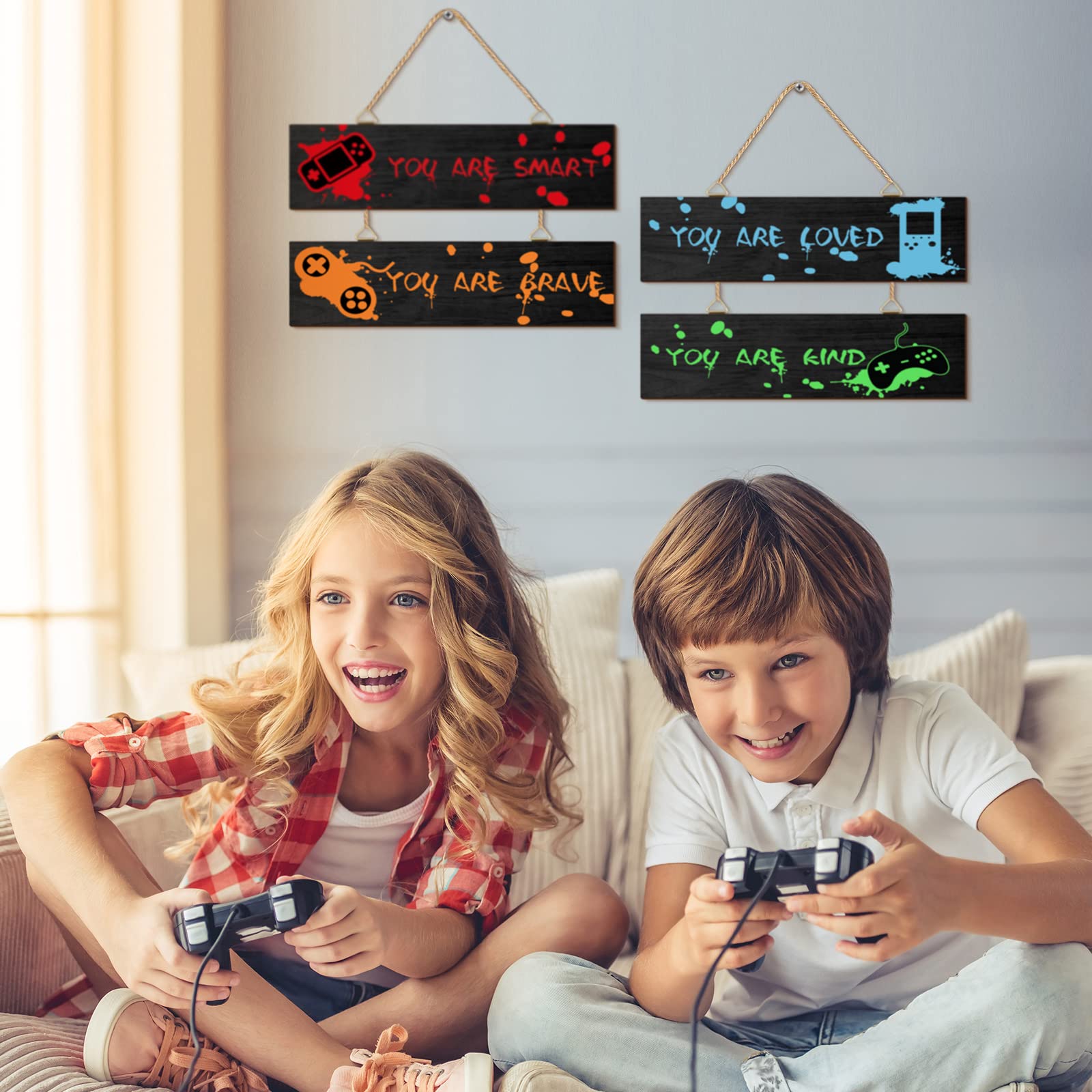 4 Pieces Gaming Decor for Boys Room Wooden Video Game Wall Art Print 11.8 x 3 Inch Motivational Quote Gamer Hanging Plaques Wall Decor for Boys Kids Room Bedroom Playroom Decorations (Vivid Style)