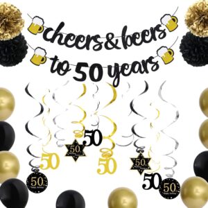 50th Birthday Party Decorations, Cheers & Beers to 50 Years Banner, Hanging Swirls Decorations, Gold and Black Paper Pom Poms, Latex Balloons For 50th Birthday Party Decorations (50)