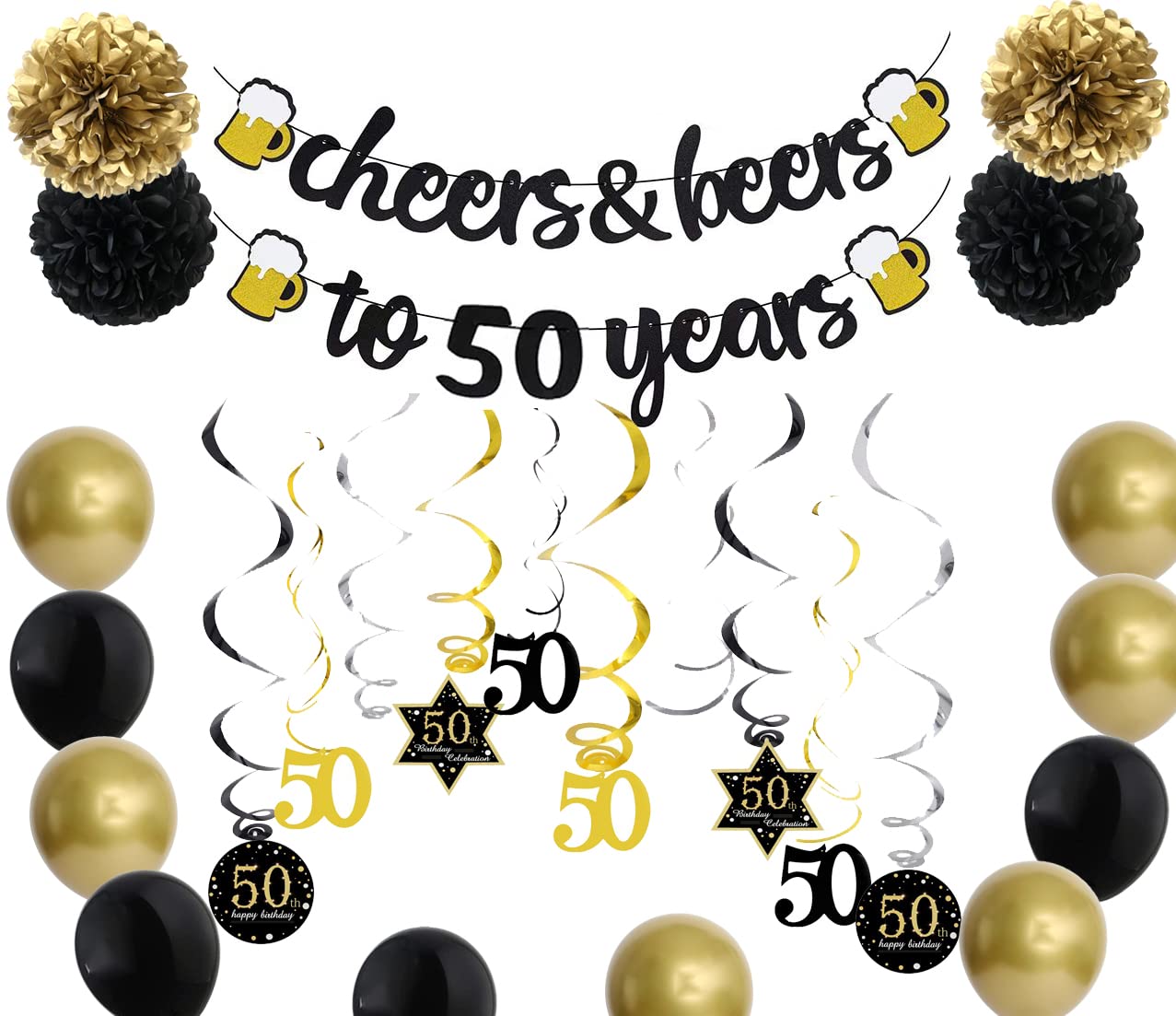 50th Birthday Party Decorations, Cheers & Beers to 50 Years Banner, Hanging Swirls Decorations, Gold and Black Paper Pom Poms, Latex Balloons For 50th Birthday Party Decorations (50)