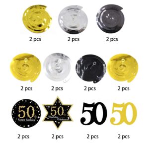 50th Birthday Party Decorations, Cheers & Beers to 50 Years Banner, Hanging Swirls Decorations, Gold and Black Paper Pom Poms, Latex Balloons For 50th Birthday Party Decorations (50)