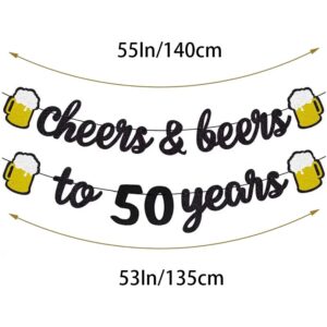 50th Birthday Party Decorations, Cheers & Beers to 50 Years Banner, Hanging Swirls Decorations, Gold and Black Paper Pom Poms, Latex Balloons For 50th Birthday Party Decorations (50)