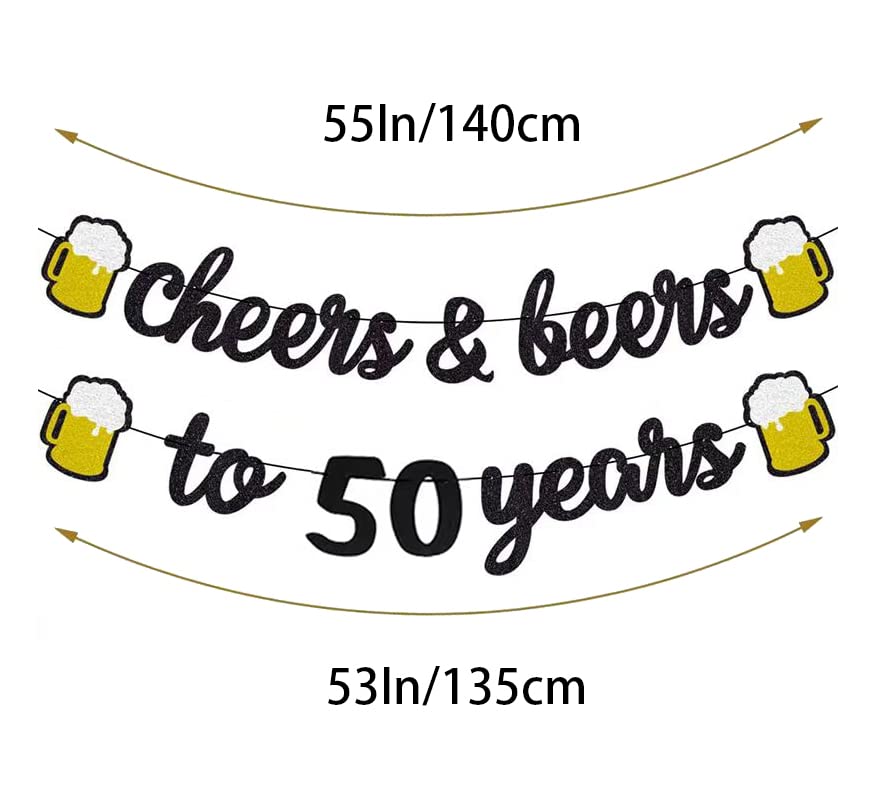 50th Birthday Party Decorations, Cheers & Beers to 50 Years Banner, Hanging Swirls Decorations, Gold and Black Paper Pom Poms, Latex Balloons For 50th Birthday Party Decorations (50)