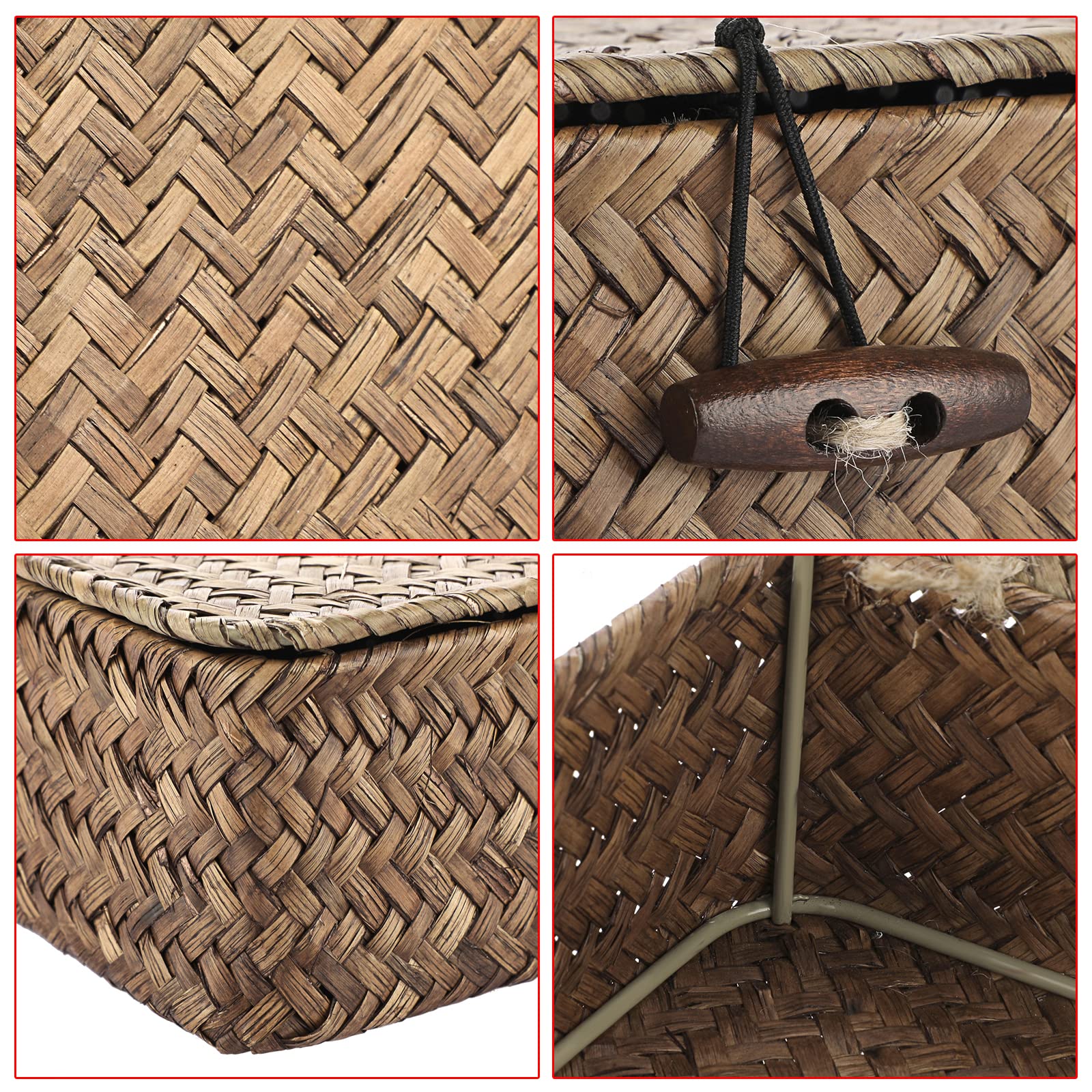 Hipiwe Flat Woven Wicker Basket Bins with Lid Seagrass Storage Basket Box Multipurpose Household Basket Bins Boxes for Shelf Wardrobe Organizer, Coffee Large