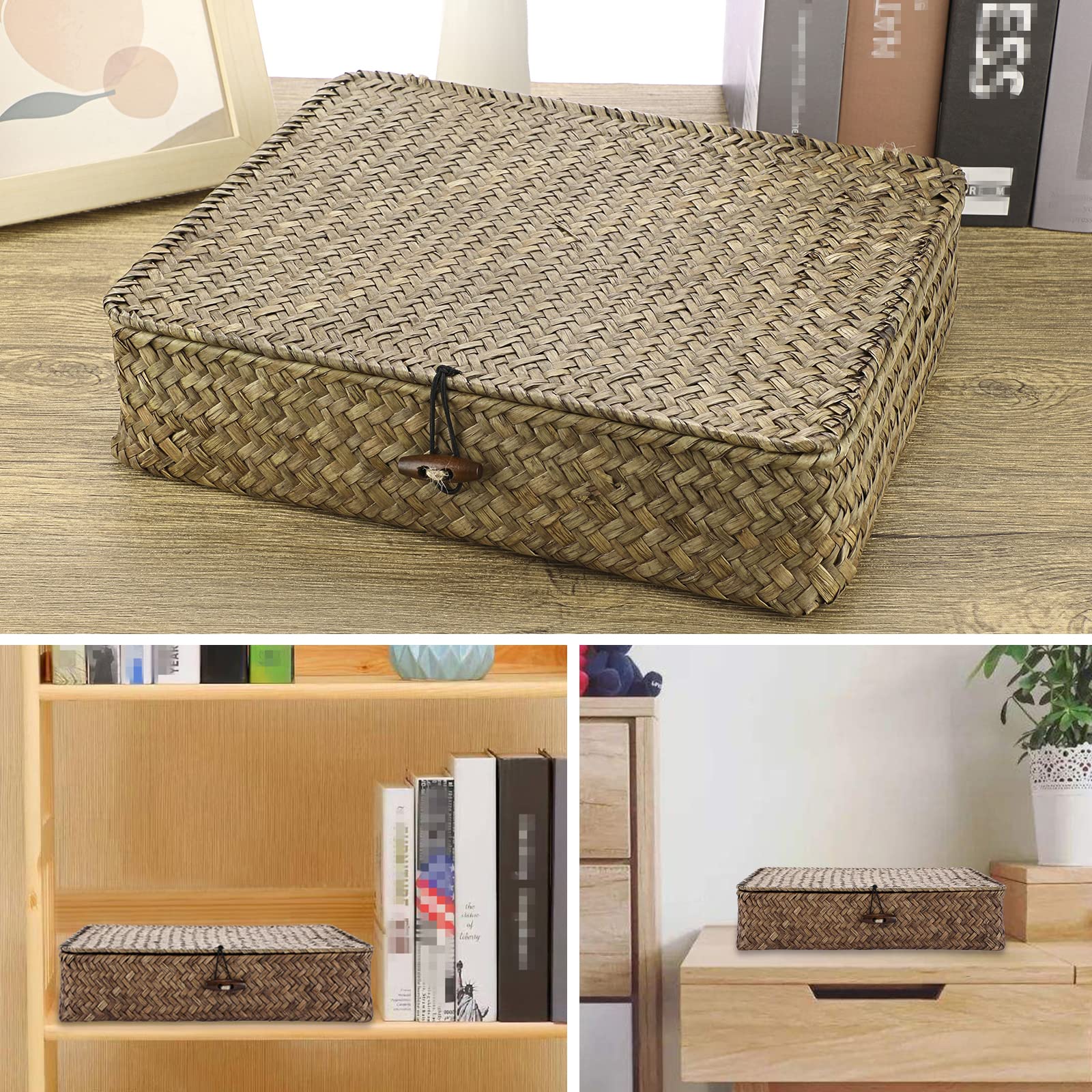 Hipiwe Flat Woven Wicker Basket Bins with Lid Seagrass Storage Basket Box Multipurpose Household Basket Bins Boxes for Shelf Wardrobe Organizer, Coffee Large