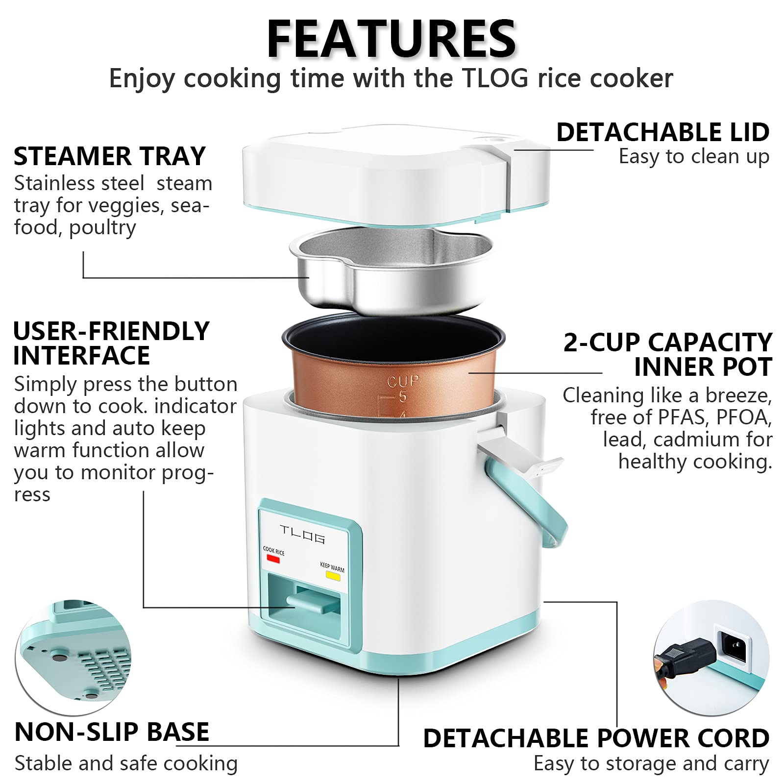 TLOG Mini Rice Cooker 2.5-Cup Uncooked, Healthy Non-stick 1.2L Small Rice Cooker for 1-3 People, Portable Travel Rice Cooker with Steam Tray, Rice Maker for Grains, White Rice, Oatmeal, Veggies