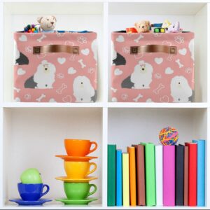 susiyo Pink Old English Sheepdog Open Storage Bins 2 Pack, Large Canvas Storage Baskets with PU Handles Collapsible Storage Box Organizers for Home Closet Nursery Toys Dorm Office Laundry