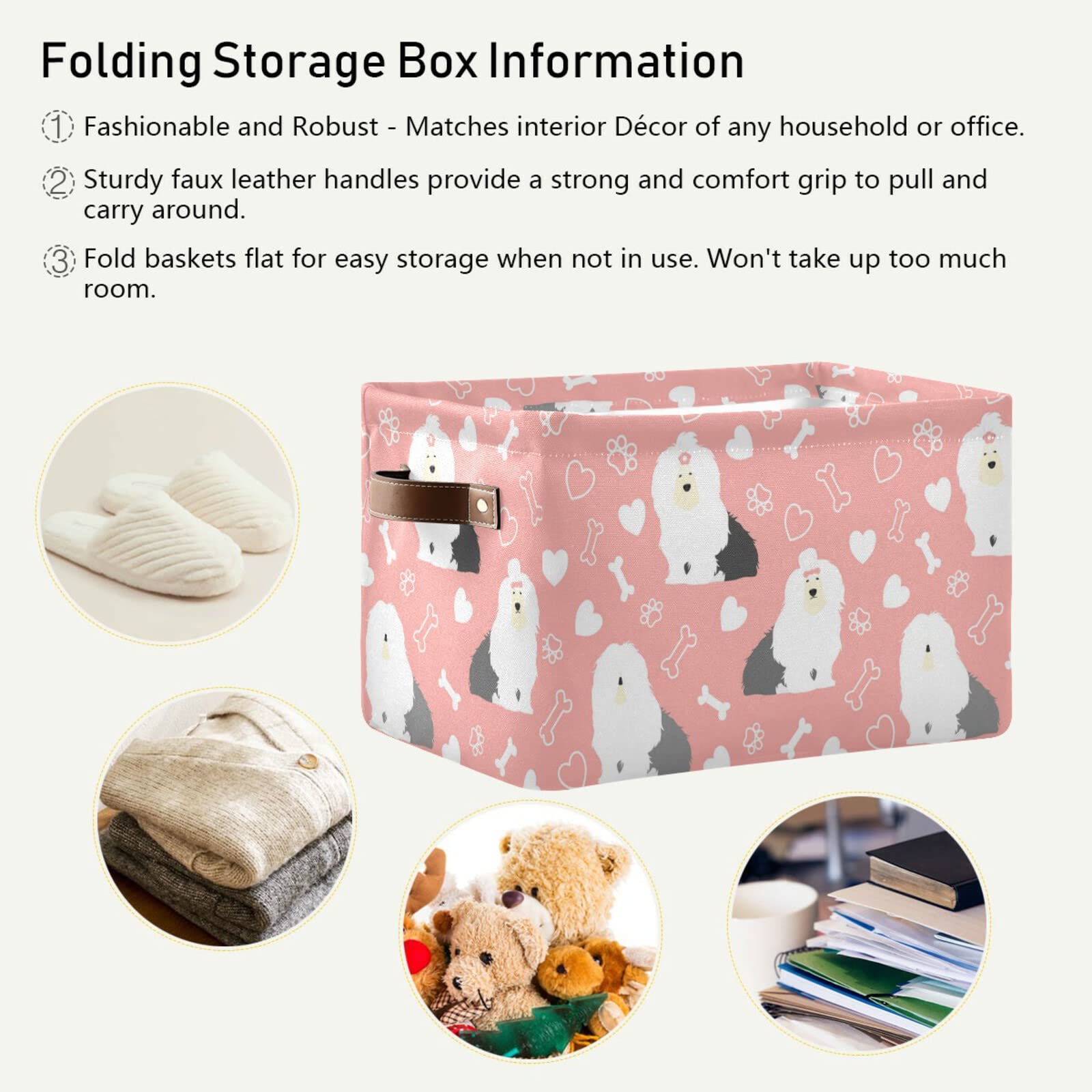 susiyo Pink Old English Sheepdog Open Storage Bins 2 Pack, Large Canvas Storage Baskets with PU Handles Collapsible Storage Box Organizers for Home Closet Nursery Toys Dorm Office Laundry