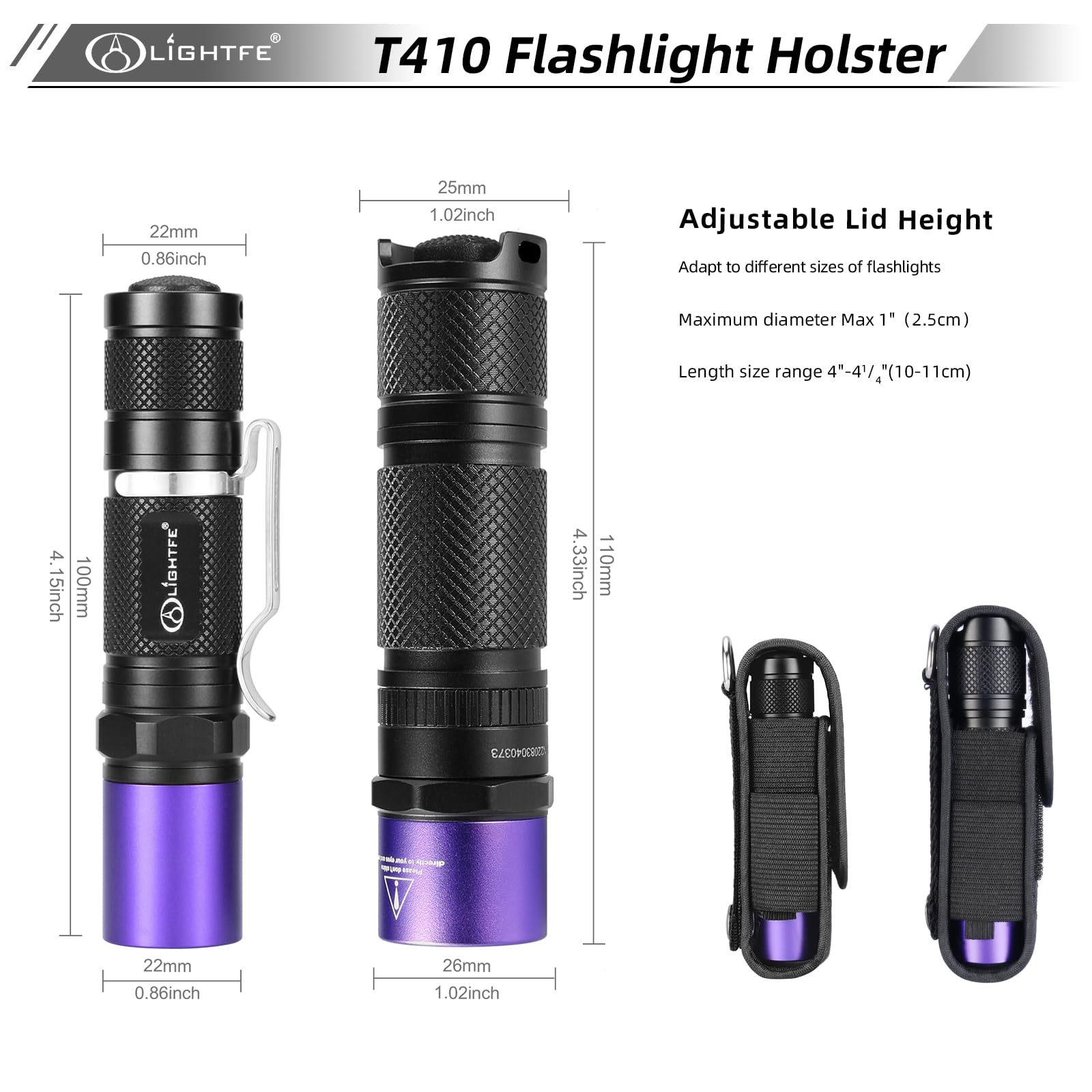 Flashlight Holster T410 Tactical Flashlight Holster Suitable for flashlights with a Length of 3.9 "-4.3" or a Diameter of 25mm, to a Length of 110 mm. Adjustable Thick and Durable Flashlight Pouch…