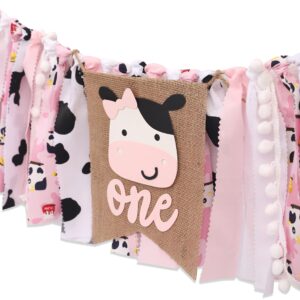 Cow High Chair Banner - Farm 1st Birthday Party For Baby Girl, Pink Barnyard Theme Banner ,First Cake Smash, Baby Shower Decorations For Girl