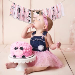 Cow High Chair Banner - Farm 1st Birthday Party For Baby Girl, Pink Barnyard Theme Banner ,First Cake Smash, Baby Shower Decorations For Girl