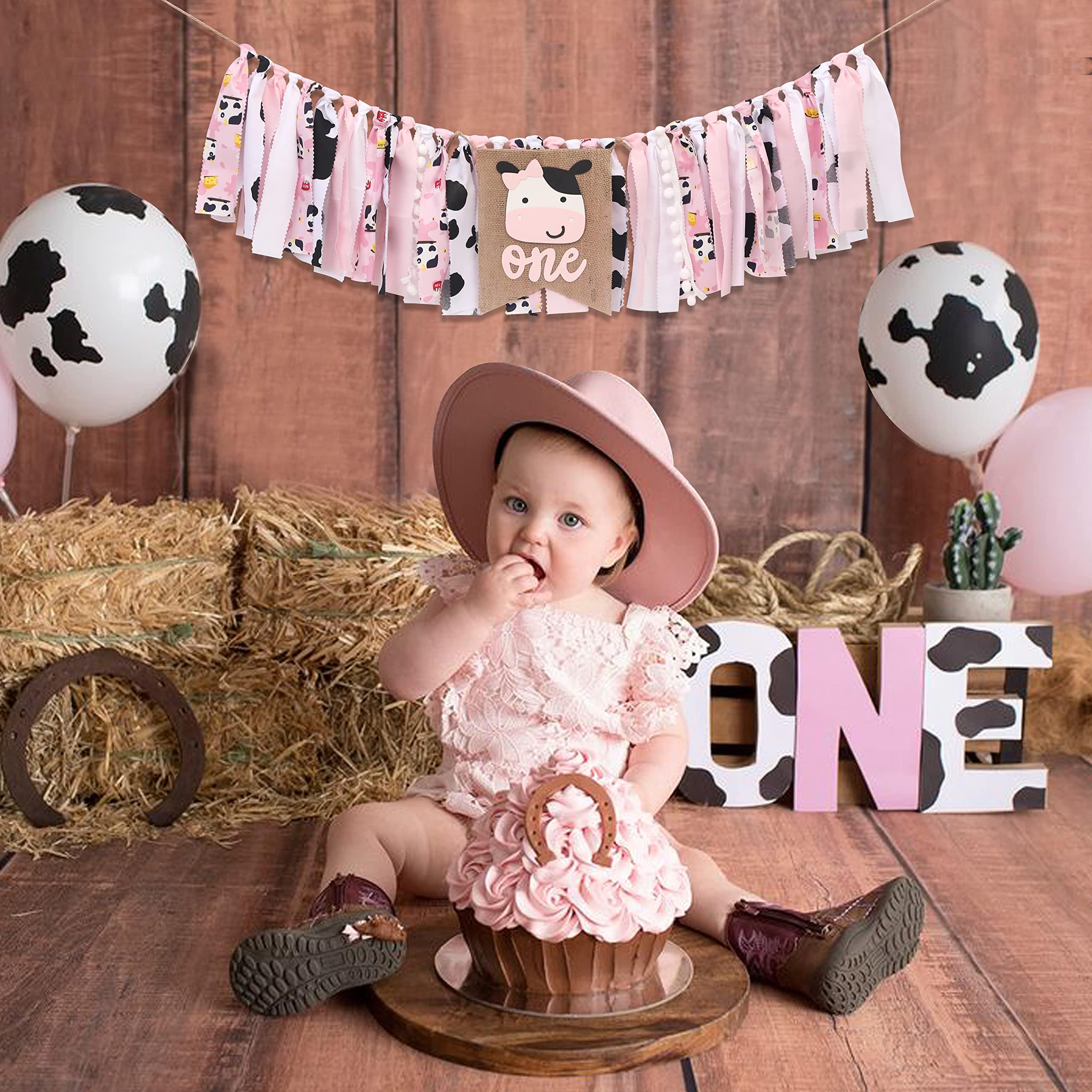 Cow High Chair Banner - Farm 1st Birthday Party For Baby Girl, Pink Barnyard Theme Banner ,First Cake Smash, Baby Shower Decorations For Girl