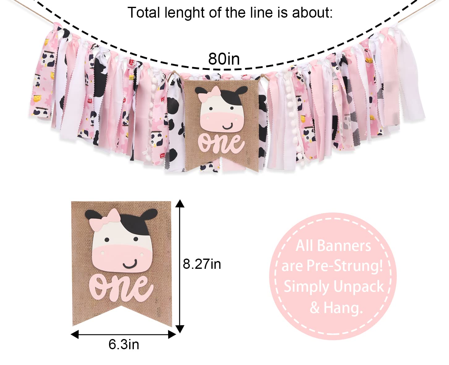 Cow High Chair Banner - Farm 1st Birthday Party For Baby Girl, Pink Barnyard Theme Banner ,First Cake Smash, Baby Shower Decorations For Girl