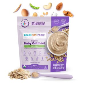 ready, set, food! organic baby oatmeal cereal | original | organic baby food with 9 top allergens: peanut, egg, milk, cashew, almond, walnut, sesame, soy & wheat | unsweetened | fortified with iron | 15 servings