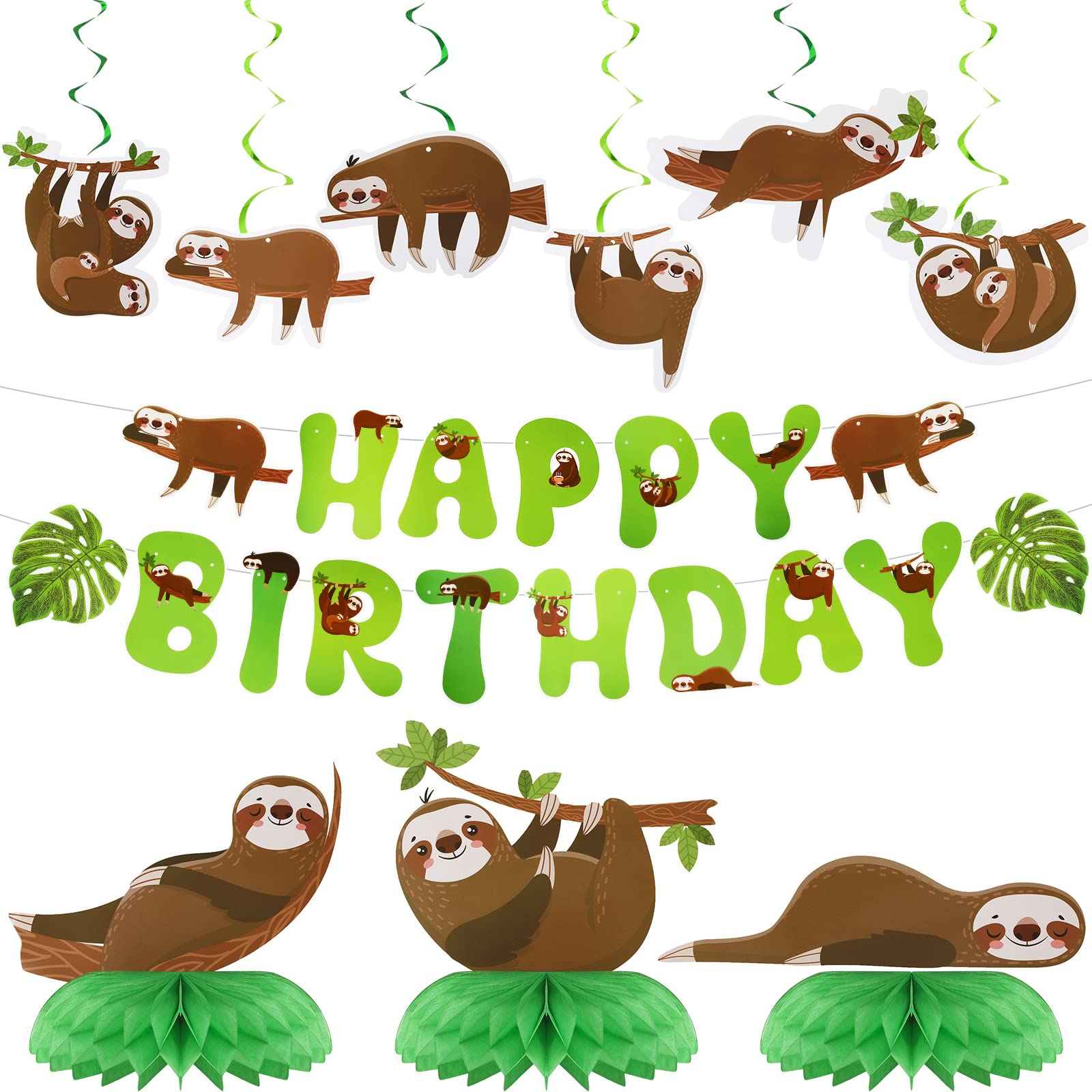 17 Pcs Dog Sloth Party Decorations and Supplies Including 2 Birthday Banner, 3 Honeycomb Centerpieces, 6 Hanging Swirls, 6 Hanging Card, Puppy Sloth Theme Birthday Party Favors (Sloth Style)