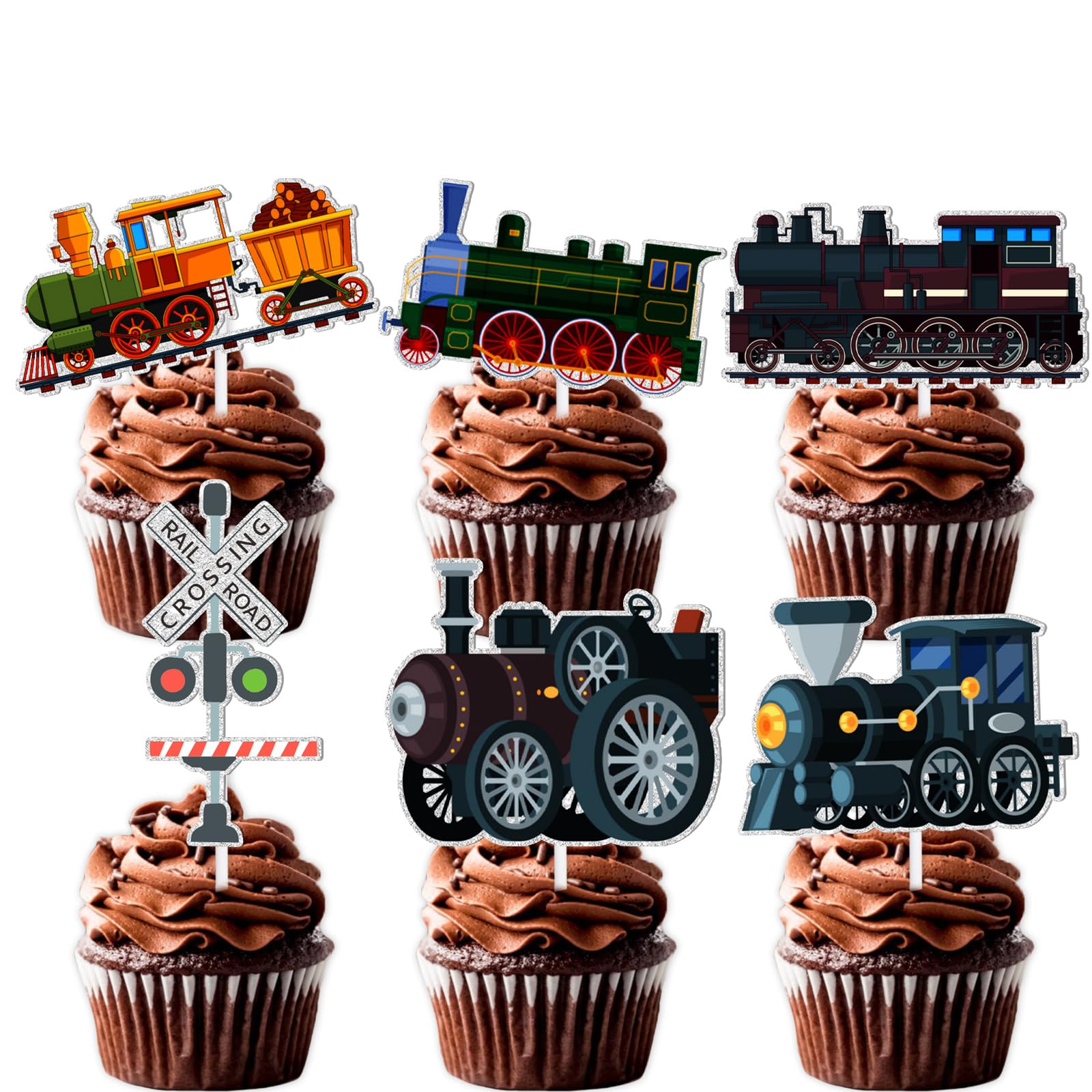 18pcs Black Glitter Dessert Cupcake Topper Transportation Train Railroad Crossing Theme Decor Supplies Baby Shower Children Boy Girl Happy Birthday Party Decorations