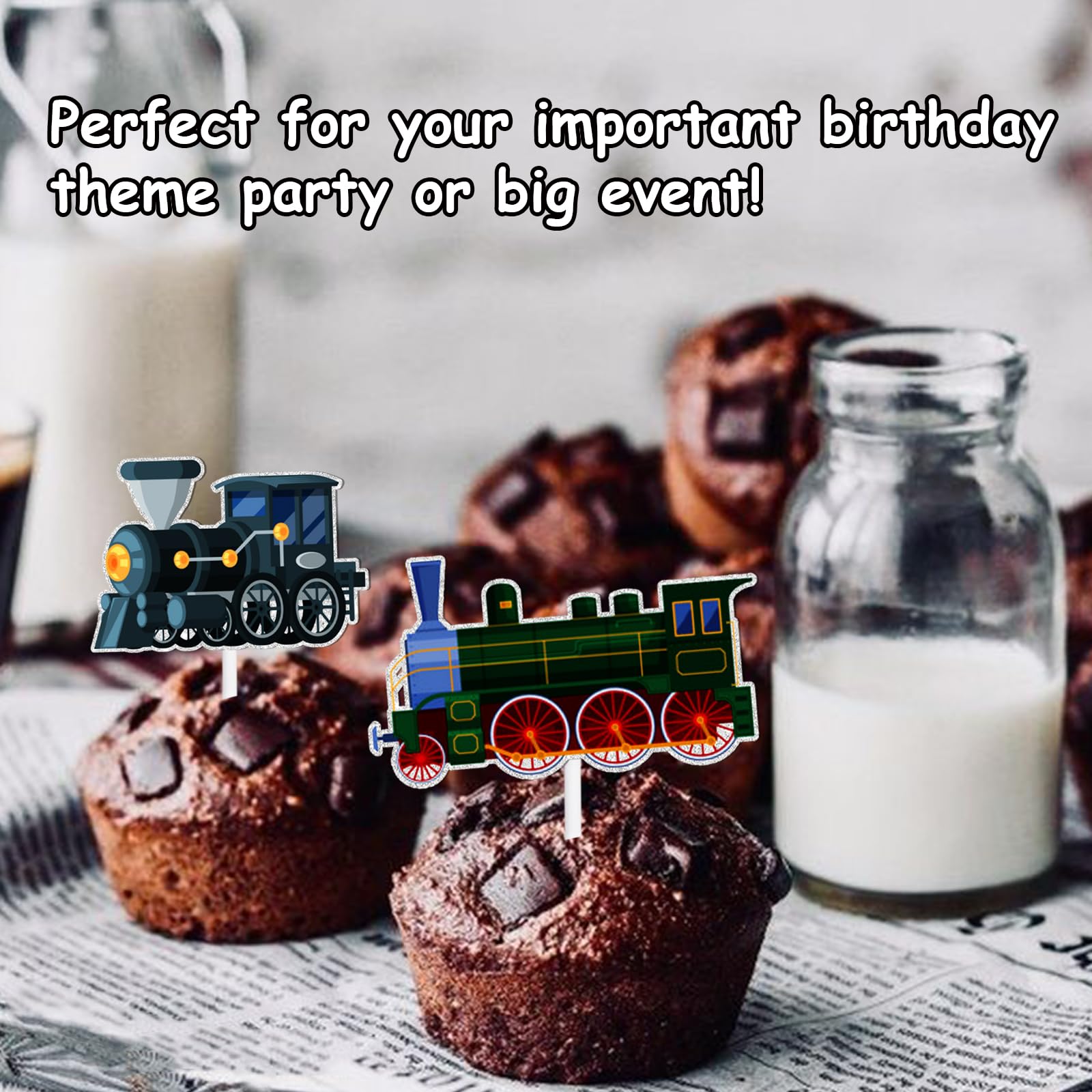 18pcs Black Glitter Dessert Cupcake Topper Transportation Train Railroad Crossing Theme Decor Supplies Baby Shower Children Boy Girl Happy Birthday Party Decorations