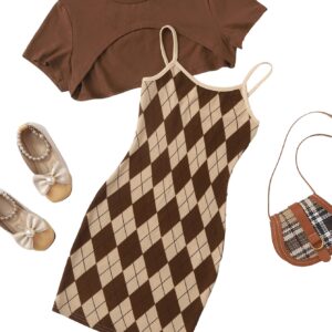 Romwe Girl's 2 Piece Outfits Argyle Print Cami Short Dress with Crop Top Tee Brown 11-12Y