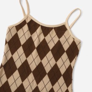 Romwe Girl's 2 Piece Outfits Argyle Print Cami Short Dress with Crop Top Tee Brown 11-12Y