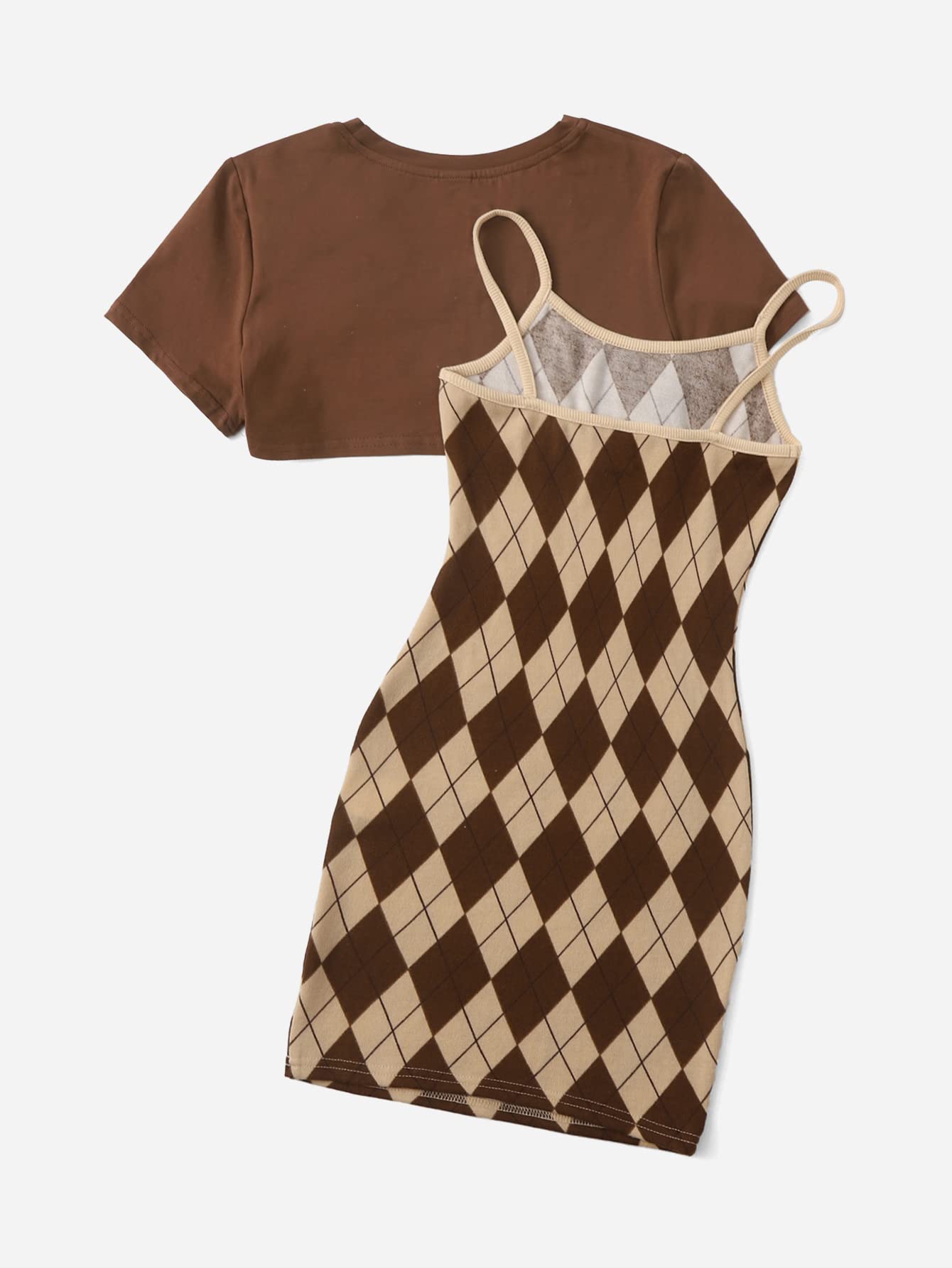 Romwe Girl's 2 Piece Outfits Argyle Print Cami Short Dress with Crop Top Tee Brown 11-12Y