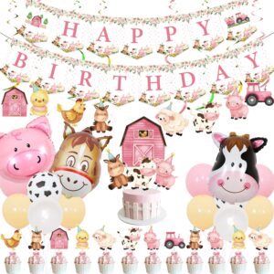 pink farm animals birthday decorations for girls farmhouse floral theme happy birthday banner cow pig donkey balloons hanging swirls cake cupcake toppers for kids barnyard theme bday party supplies