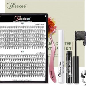 DIY Lash Extension Kit, Missicee Individual Lashes Kit with 240 Pcs Lash Clusters 5ml Cluster Lash Bond and Seal 1 Eyelash Applicator for Beginner DIY at Home Easy to Apply (10D+20D-C Curl-8-12 mix)