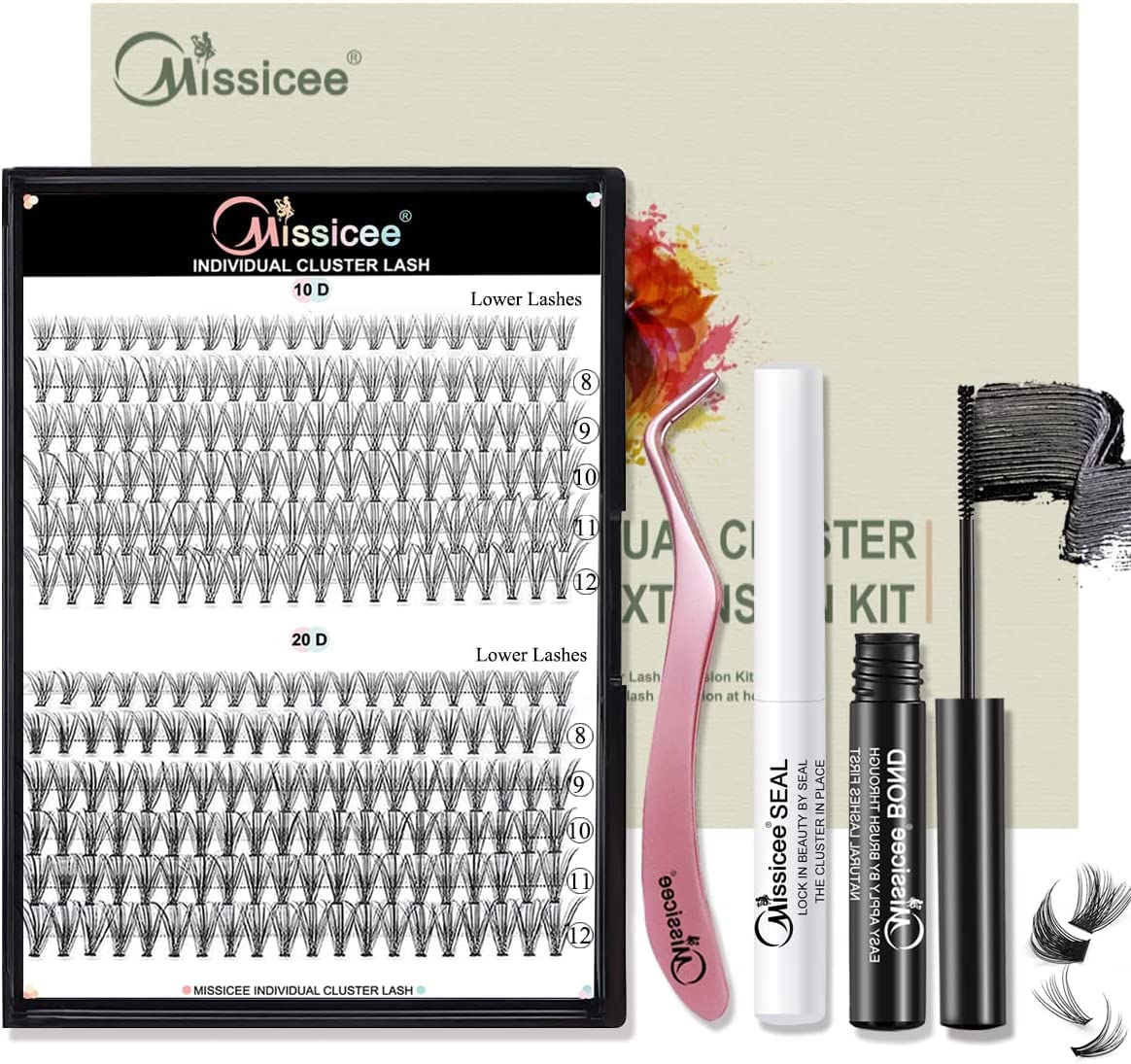 DIY Lash Extension Kit, Missicee Individual Lashes Kit with 240 Pcs Lash Clusters 5ml Cluster Lash Bond and Seal 1 Eyelash Applicator for Beginner DIY at Home Easy to Apply (10D+20D-C Curl-8-12 mix)