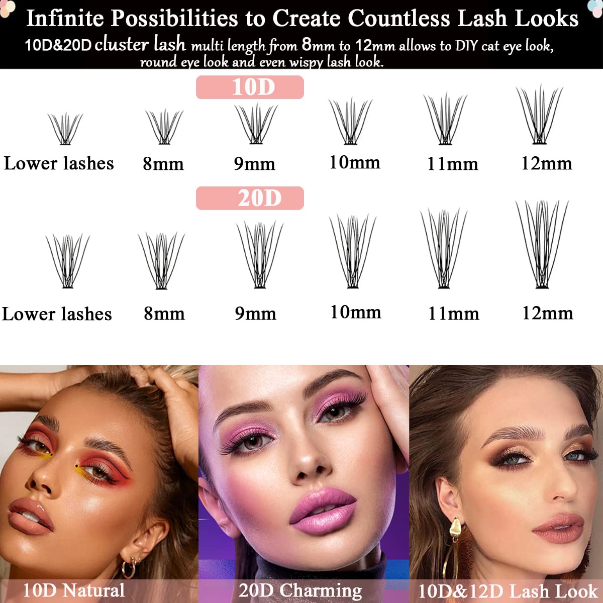 DIY Lash Extension Kit, Missicee Individual Lashes Kit with 240 Pcs Lash Clusters 5ml Cluster Lash Bond and Seal 1 Eyelash Applicator for Beginner DIY at Home Easy to Apply (10D+20D-C Curl-8-12 mix)