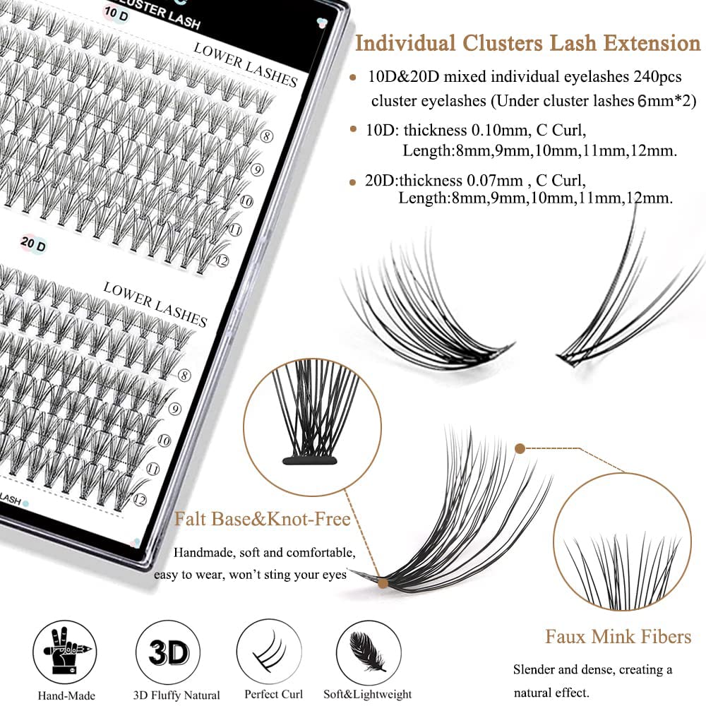 DIY Lash Extension Kit, Missicee Individual Lashes Kit with 240 Pcs Lash Clusters 5ml Cluster Lash Bond and Seal 1 Eyelash Applicator for Beginner DIY at Home Easy to Apply (10D+20D-C Curl-8-12 mix)