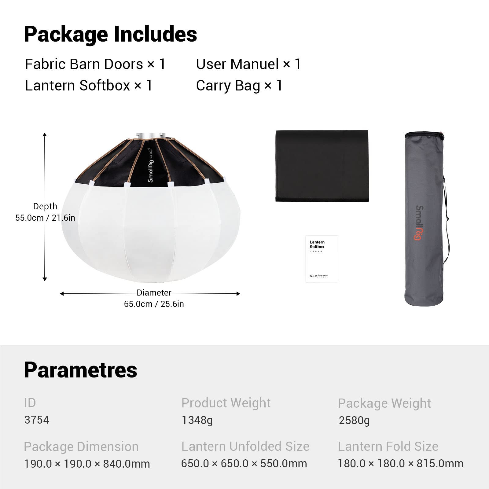 SmallRig RA-L65 Lantern Softbox Quick Release-One Step, 26in Light Modifier with Fabric Barn Doors, Diffuser for SmallRig Video Light 120B, 120D, 220B, 220D and Other Bowens Mount Light-3754