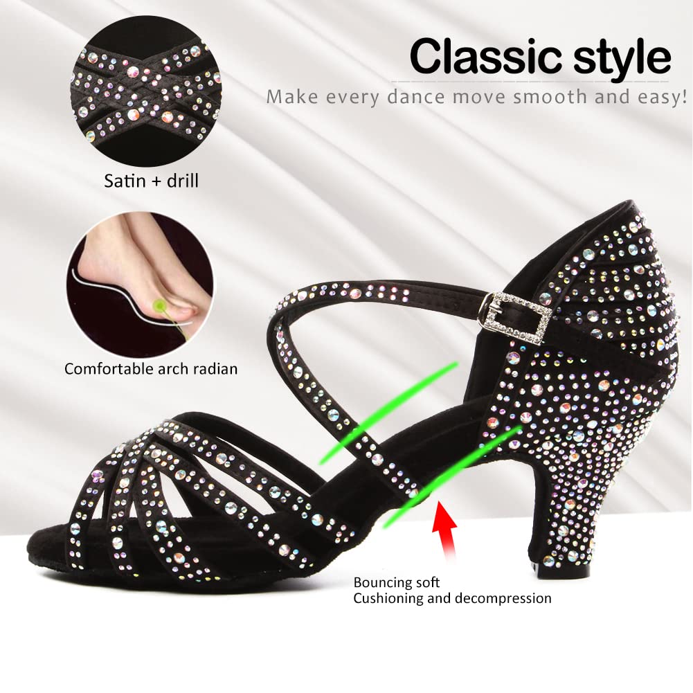 SWDZM Women's Rhinestone Dance Shoes Ballroom Latin Salsa Performance Practice Dancing Shoes,L377,Black,Heel 2 1/3'',US 9.5